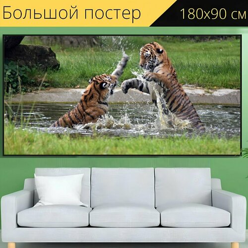 Большой постер "Тигр, кошка, дикий" 180 x 90 см. для интерьера