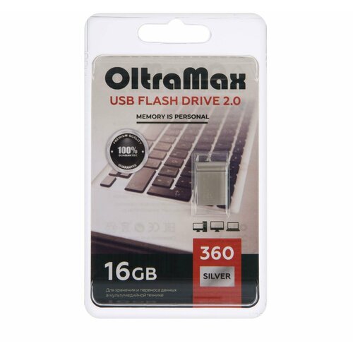 Флешка OltraMax, mini, 16 Гб, USB 2.0, чт до 15 Мб/с, зап до 8 Мб/с, металическая, серебряная