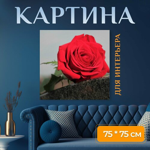 Картина на холсте "Красная роза, символ любви, черный мрамор" на подрамнике 75х75 см. для интерьера