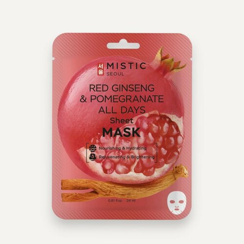 MISTIC RED GINSENG & POMEGRANATE ALL DAYS Sheet MASK Тканевая маска для лица с экстрактами красного женьшеня и граната 24мл