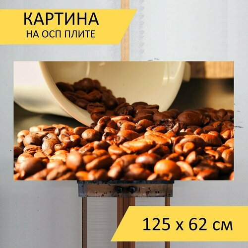 Картина на ОСП 125х62 см. "Кофейные зерна, кофе, бобы" горизонтальная, для интерьера, с креплениями