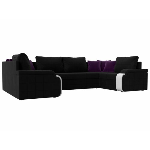 П-образный диван Николь, Микровельвет черный и фиолетовый, Экокожа белая