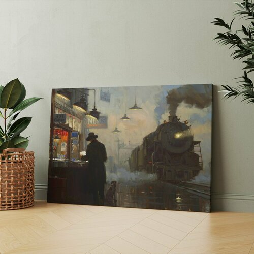 Картина на холсте (ночной поезд восточный экспресс живопись снаружи уходящий рисунок) 50x70 см/для интерьера/в комнату/на стену/в подарок