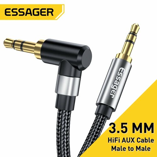 Угловой Aux кабель Essager 3.5 мм, 1.5 метра, аукс провод, кабель для наушников, аудио кабель 3.5 мм (Серый)