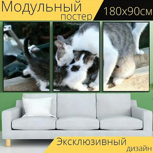 Модульный постер "Котенок, кошка, дети" 180 x 90 см. для интерьера