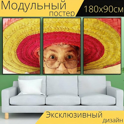 Модульный постер "Старая женщина, шапка, женщина" 180 x 90 см. для интерьера