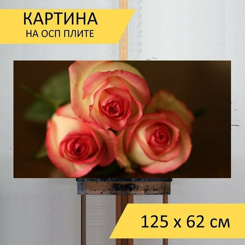 Картина на ОСП 125х62 см. "Розы, цветы, розовый" горизонтальная, для интерьера, с креплениями