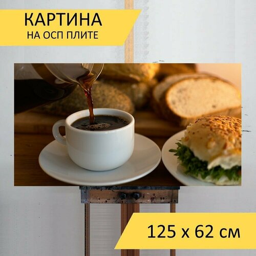 Картина на ОСП 125х62 см. "Кофе, завтрак, чашка" горизонтальная, для интерьера, с креплениями