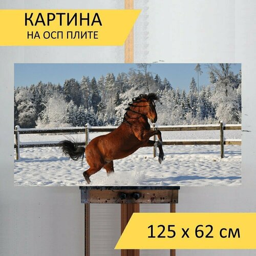 Картина на ОСП 125х62 см. "Снег, зима, лошадь" горизонтальная, для интерьера, с креплениями
