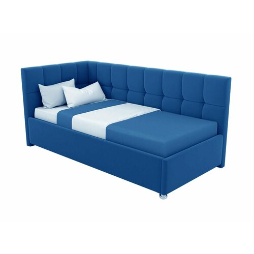 Односпальная кровать Эльза 120x200 основание металлическое с ламелями велюр синий ножки 5 см угол правый