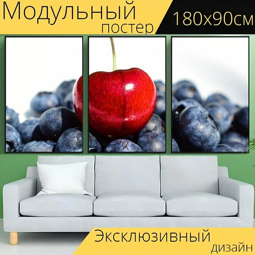 Модульный постер "Вишня, черника, фрукты" 180 x 90 см. для интерьера