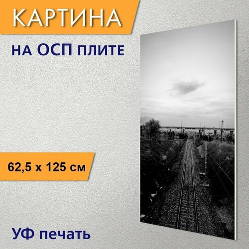 Вертикальная картина на ОСП "Железная дорога, треки, горизонт" 62x125 см. для интерьериа