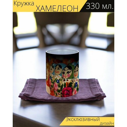 Кружка хамелеон с принтом "Матрешка, русские куклы, россия" 330 мл.