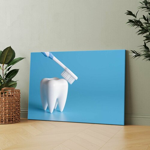 Картина на холсте (Зуб и зуб на синем фоне) 20x30 см. Интерьерная, на стену.