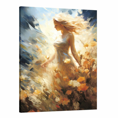 Интерьерная картина 50х70 "Женщина с букетом полевых цветов"