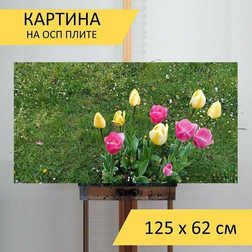 Картина на ОСП 125х62 см. "Тюльпаны, трава, цветы" горизонтальная, для интерьера, с креплениями