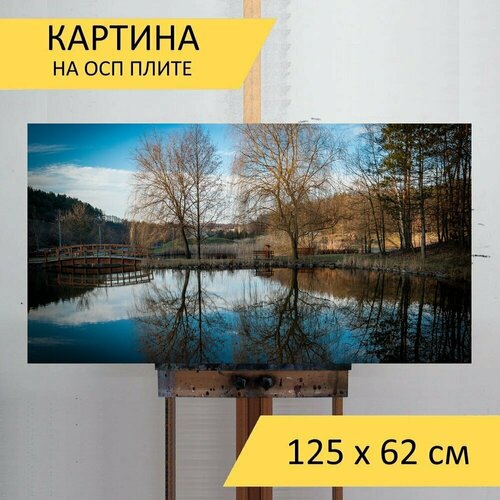 Картина на ОСП 125х62 см. "Озеро, деревья, вода" горизонтальная, для интерьера, с креплениями