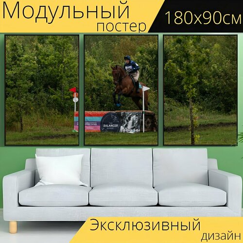 Модульный постер "Лошадь прыгает, беговые прыжки, лошадь" 180 x 90 см. для интерьера