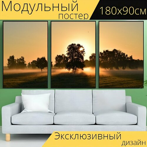 Модульный постер "Поле, деревья, восход солнца" 180 x 90 см. для интерьера