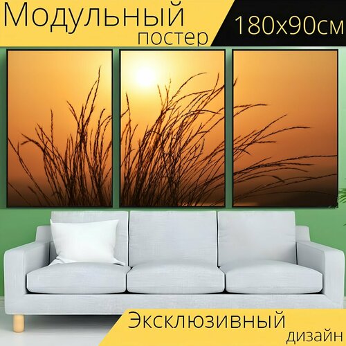 Модульный постер "Заход солнца, трава, озеро" 180 x 90 см. для интерьера