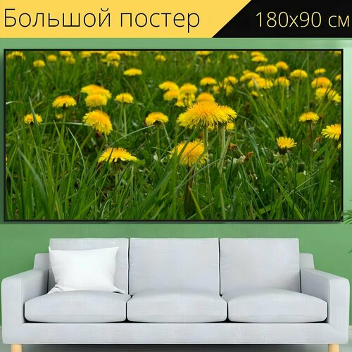 Большой постер "Одуванчик, полевой цветок, трава" 180 x 90 см. для интерьера