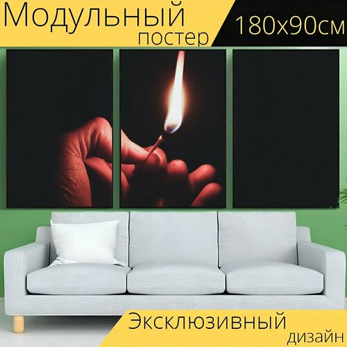 Модульный постер "Пламя, пожар, рука" 180 x 90 см. для интерьера