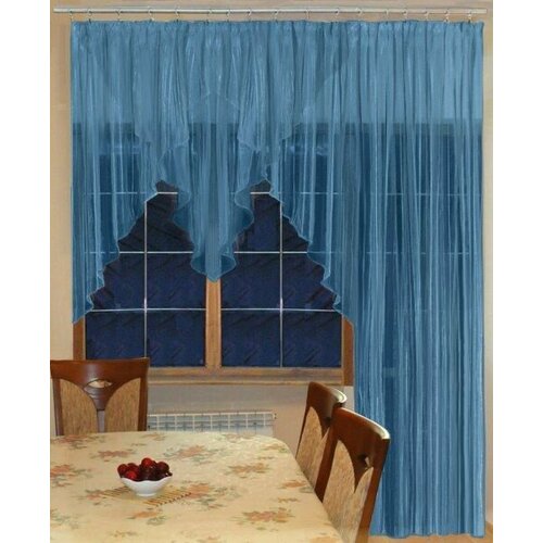 Тюль для окна с балконом на кухню и комнату на ленте ТРИО-1 цвет синий шир. 300 см выс. 250 см