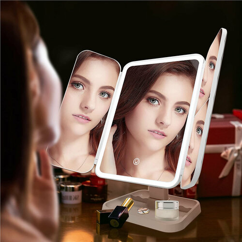 Косметическое зеркало для макияжа с подсветкой для девушек настольное, холодный теплый свет складное, белое