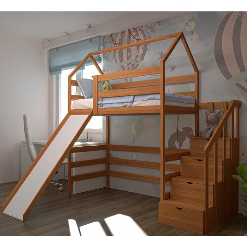 Кровать детская, подростковая "Чердак с лестницей-комодом и горкой", 160х80, масло "Орех", из массива