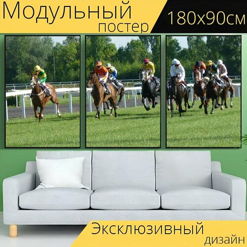 Модульный постер "Ипподром, лошадь, гонка" 180 x 90 см. для интерьера