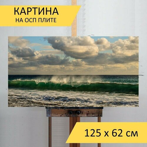 Картина на ОСП 125х62 см. "Волна, грохот, пляж" горизонтальная, для интерьера, с креплениями