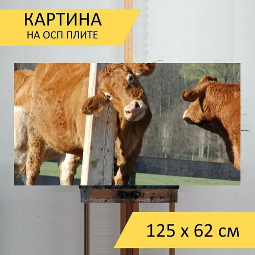 Картина на ОСП 125х62 см. "Пастбище, корова, крупного рогатого скота" горизонтальная, для интерьера, с креплениями
