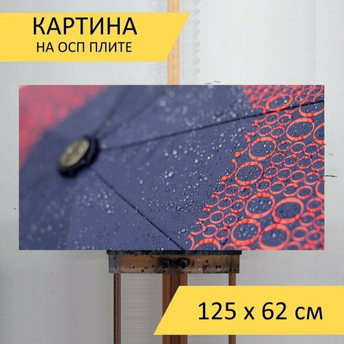 Картина на ОСП 125х62 см. "Зонтик, дождь, капли" горизонтальная, для интерьера, с креплениями