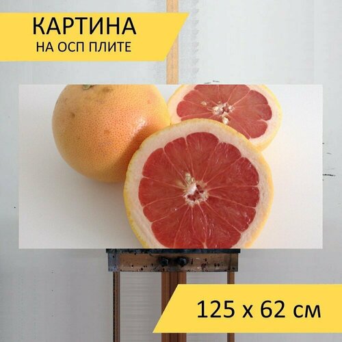 Картина на ОСП 125х62 см. "Грейпфрут, цитрусовый фрукт, фрукты" горизонтальная, для интерьера, с креплениями
