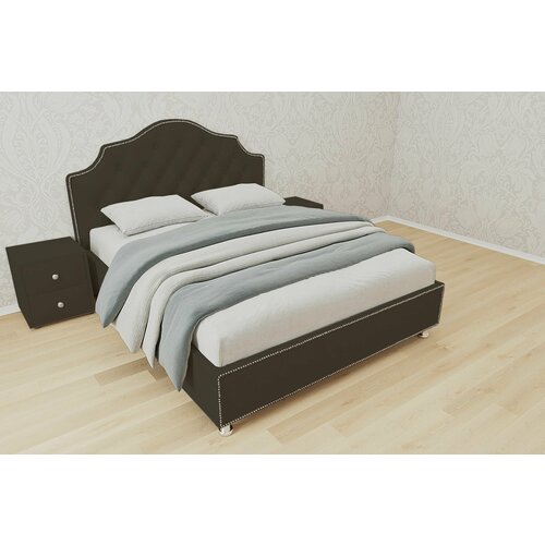 Двуспальная кровать Мария с кареткой 140x200 основание металлическое с ламелями велюр коричневый ножки 5 см