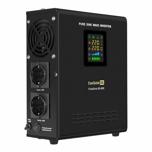 ИБП (инвертор, синус, для котла, настенный) ExeGate FineSine SX-800. LCD. AVR.2SH <800VA/500W, чистая синусоида, цветной LCD-дисплей, AVR, 2*Schuko, линейно-интерактивный, внешняя батарея 12В до 200Ач (поставляется отдельно), Black> EX295996RUS