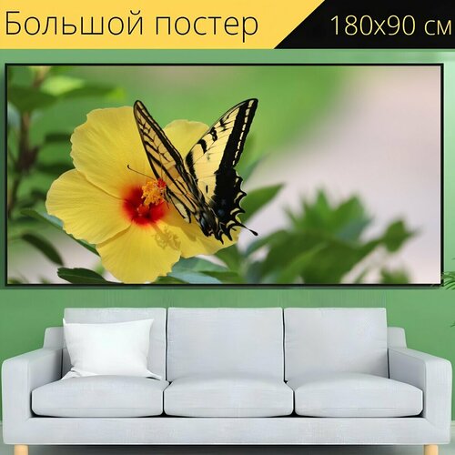 Большой постер "Бабочка, желтый цветок, цветочная пыльца" 180 x 90 см. для интерьера