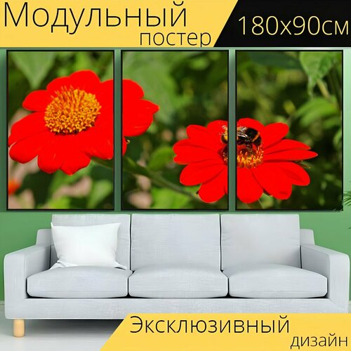 Модульный постер "Шмель, насекомое, летний цветок" 180 x 90 см. для интерьера