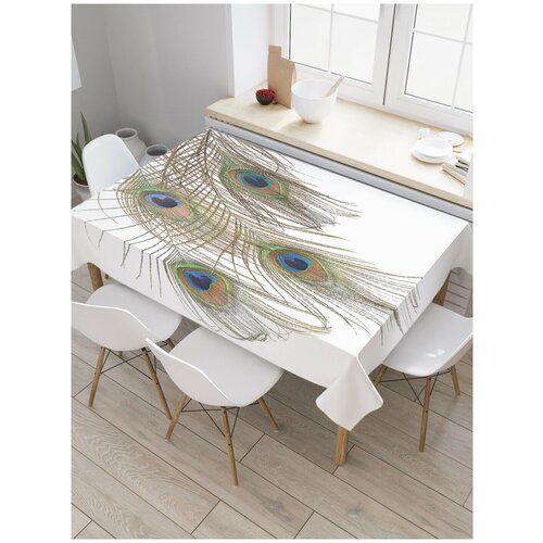 Прямоугольная водоотталкивающая тканевая скатерть на стол JoyArty с рисунком "Воображаемые перья" 145 на 180 смсиний, коричневый, зеленый