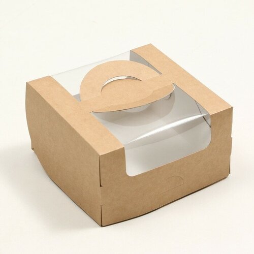 Коробка под бенто-торт с окном, крафт, 14 х 14 х 8 см(5 шт.)