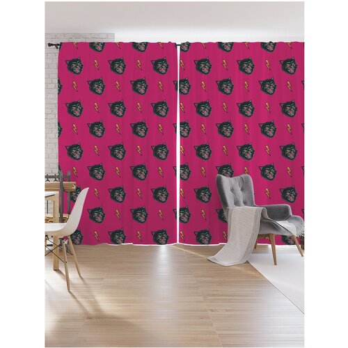 Шторы, фотошторы JoyArty "Кот и молния на розовом фоне” 170х265 см (2 полотна), ткань оксфорд