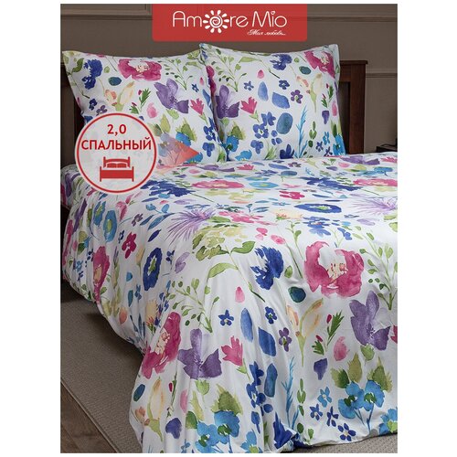 Постельное белье Amore Mio серия Макосатин Dash, 2 спальный комплект, микрофибра, белый, голубой, с принтом цветы
