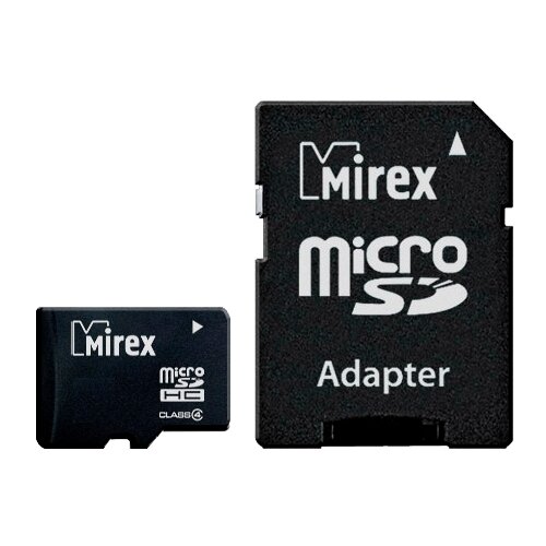 Карта памяти Mirex microSDHC 4 ГБ Class 4, R/W 12/5 МБ/с, адаптер на SD, 1 шт., черный