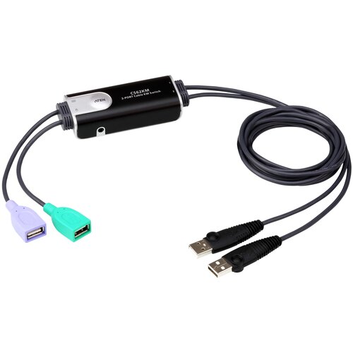 Переключатель, электрон., KVM+Audio, 1 user USB+VGA => 2 cpu USB+VGA, со встршнурами USB 2x1.2м., 2048x153KVM-переключатель ATEN CS62KM [CS62KM-AT] кабельный, 2 порта, USB, функция Boundless Switching 2 PORT USB KVM+ AUDIO Switch. usb Boundless S