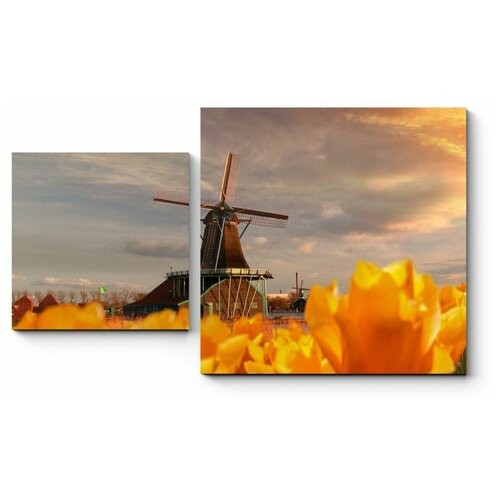 Модульная картина Ветряная мельница и желтые тюльпаны на закате 150x90