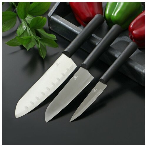 Доляна Ножи кухонные Fоlk, набор 3 шт, лезвие: 7,7 см, 12 см, 18,2 см, цвет чёрный