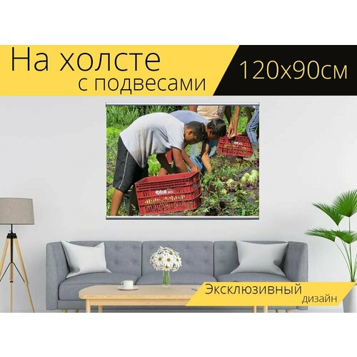 Картина на холсте "Уборка урожая, огород, сельское хозяйство" с подвесами 120х90 см. для интерьера