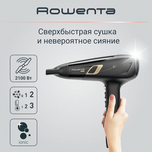 Фен для волос Rowenta Studio Dry Glow CV5836F0 с диффузором и концентратором, 2 режима работы, 2100 Вт, черный/золотой