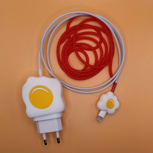 Комплект с обмоткой-спиралью для кабеля и защитный чехол для зарядки / защита кабеля от излома / Яичница (красный)