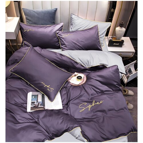 Комплект постельного белья Winni Жатка Сатин на резинке Фиолетовый Серый – 2х спальный